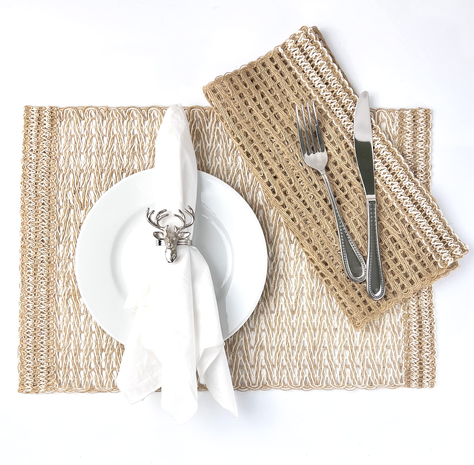 Fennco Styles 100% Jute Design Farmhouse Placemats 13" W x 19" L, Set of 4 - Ivory Table Mats for Home, Dining Room, Banquets, Family Gathering and Special Occasion (Ivory)