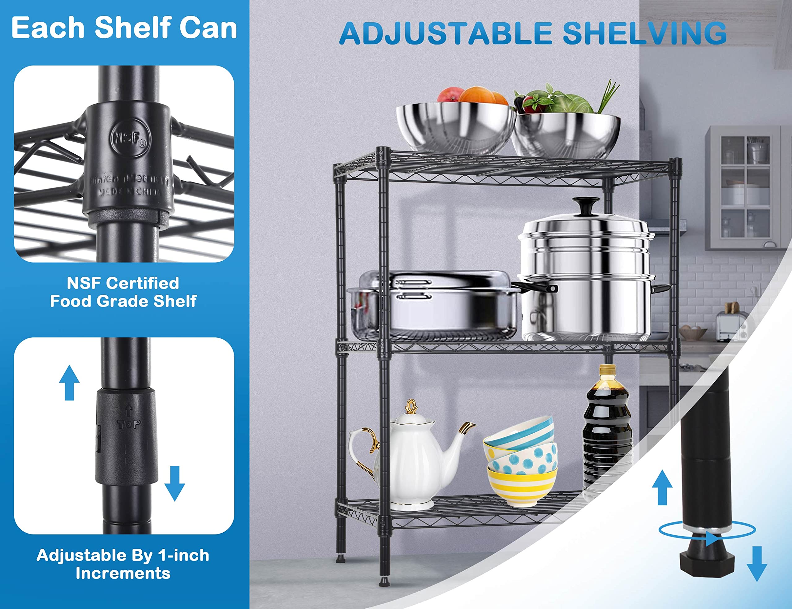 MKDLUFEI 3-Tier Wire Shelving Unit Adjustable Height 450Lb Capacity Small Metal Shelving for Storage 24"x14"x30" Metal Shelves for Kitchen, Office, Pantry, Laundry, Closet, Organizer Wire Rack