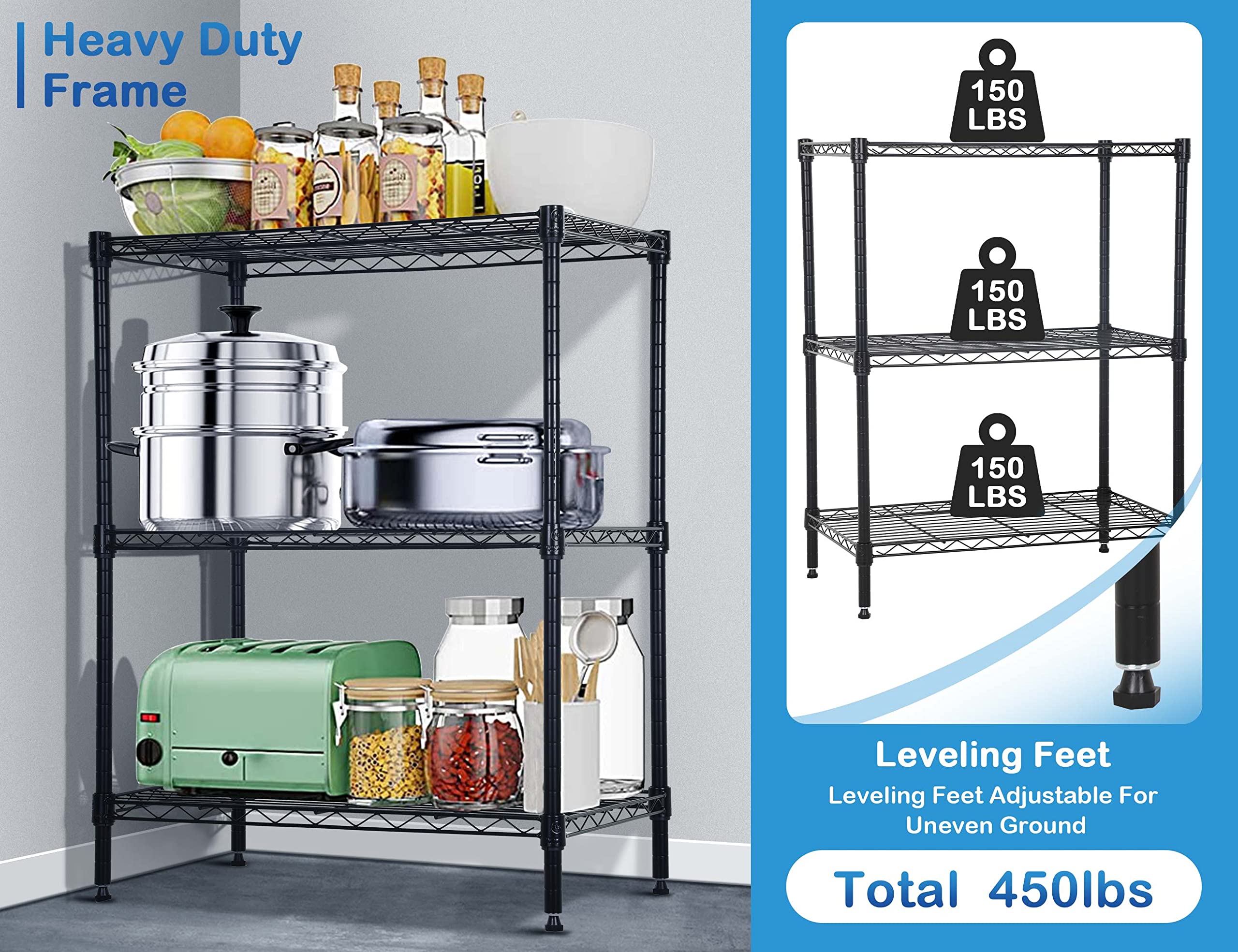 MKDLUFEI 3-Tier Wire Shelving Unit Adjustable Height 450Lb Capacity Small Metal Shelving for Storage 24"x14"x30" Metal Shelves for Kitchen, Office, Pantry, Laundry, Closet, Organizer Wire Rack