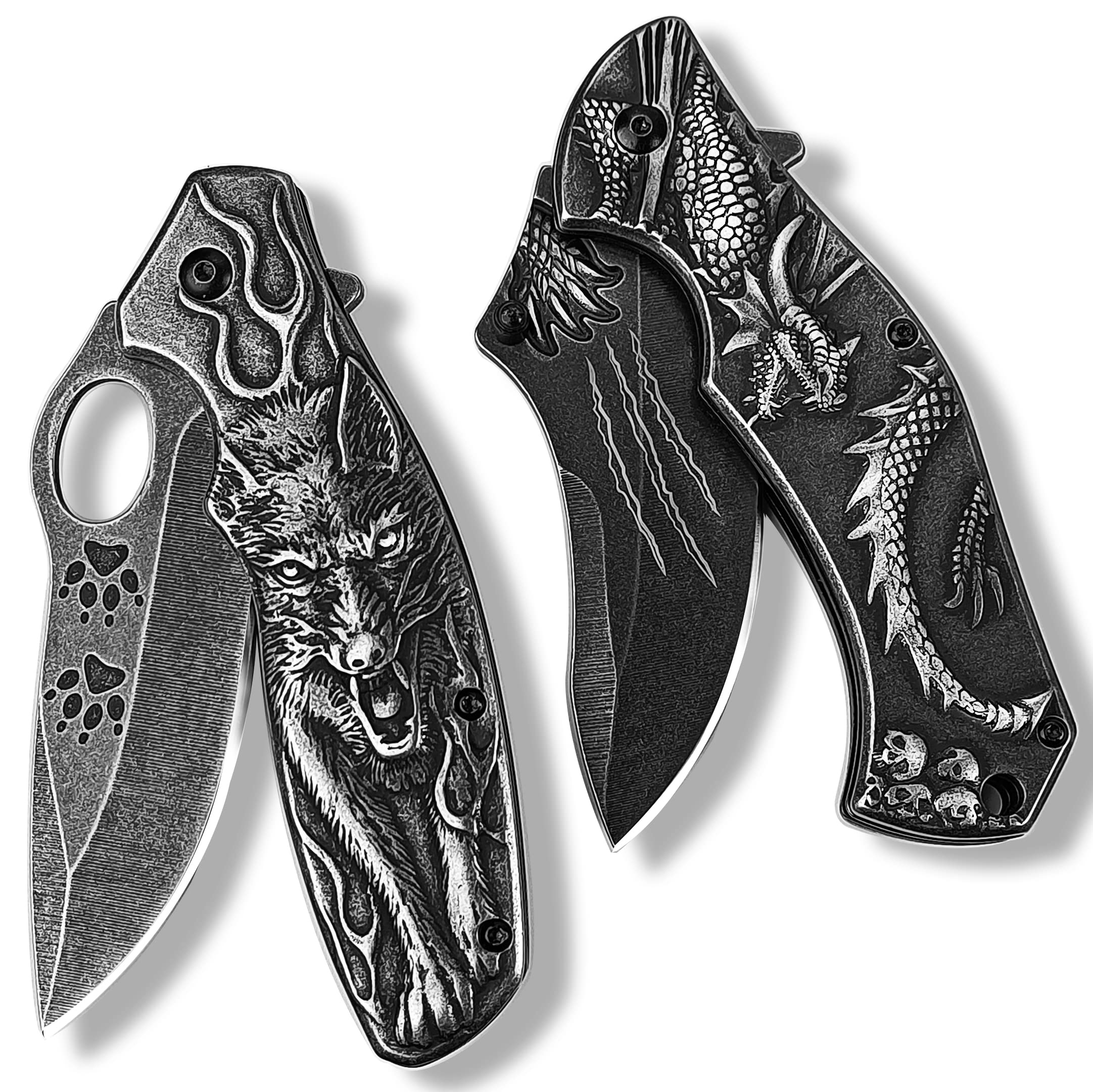 2PCS Set Pocket Folding Knife for Men, 3D DRAGON & WOLF Relief, Embossed Edc Knife For Men Outdoor Survival Camping Hiking hunting