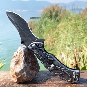 2PCS Set Pocket Folding Knife for Men, 3D DRAGON & WOLF Relief, Embossed Edc Knife For Men Outdoor Survival Camping Hiking hunting