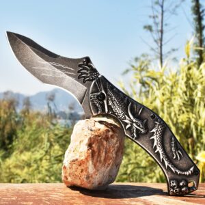 2PCS Set Pocket Folding Knife for Men, 3D DRAGON & WOLF Relief, Embossed Edc Knife For Men Outdoor Survival Camping Hiking hunting