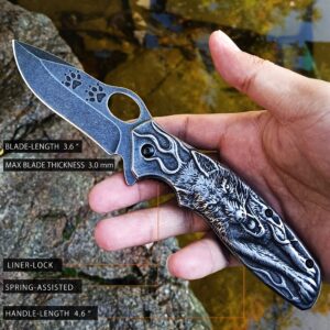 2PCS Set Pocket Folding Knife for Men, 3D DRAGON & WOLF Relief, Embossed Edc Knife For Men Outdoor Survival Camping Hiking hunting