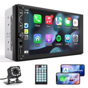 leadfan double din car stereo with apple carplay and android auto,7 inch full hd touchscreen car radio bluetooth, car stereo with backup camera,support mirror link,steering wheel，usb/aux/subwoofer