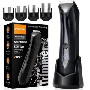 pritech body hair trimmer for men pubic hair trimmer - wet/dry ball trimmer with ceramic blade, rechargeable body groomer for men with standing recharge dock, cordless groin hair trimmer for men