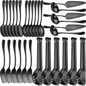 30 pcs stainless steel serving utensils set serving flatware set include large serving spoons slotted spoons serving forks soup ladle pie server and serving tongs for buffet party (black)