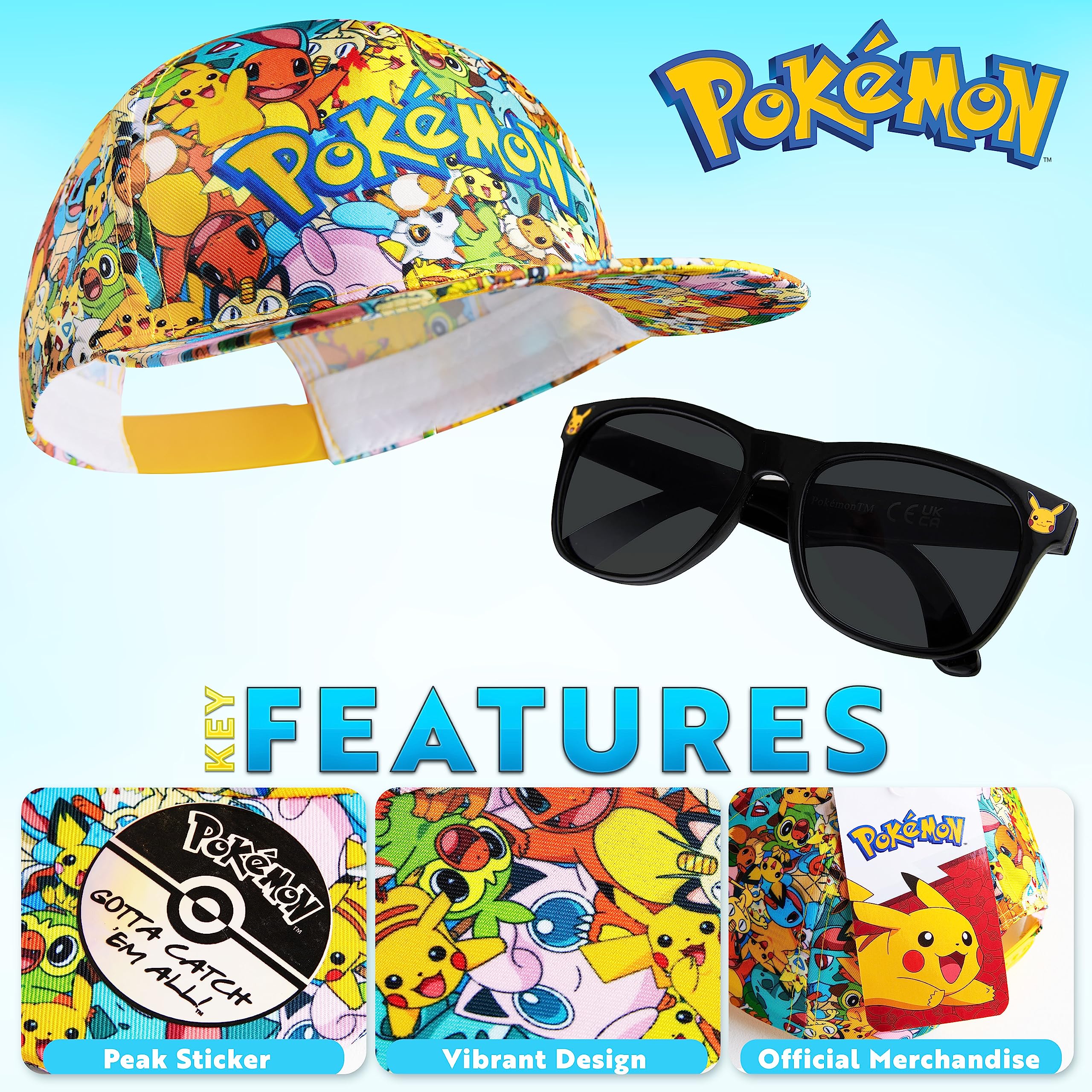 Pokemon Baseball Cap Sunglasses Boys Girls Bucket Hat for Kids Unisex Pikachu Adjustable Strap Summer Accessories (Multi Cap/Glasses Set)