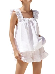 sotimoon womens summer pajama sets 2 piece outfits ruffle trim top and shorts cotton loungewear set white