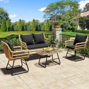 yitahome 4-piece patio furniture wicker outdoor bistro set, all-weather rattan conversation loveseat chairs for backyard, balcony and deck with soft cushions and metal table (light brown+black)