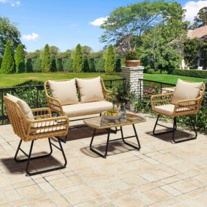 yitahome 4-piece patio furniture wicker outdoor bistro set, all-weather rattan conversation loveseat chairs for backyard, balcony and deck with soft cushions and metal table (light brown+beige)