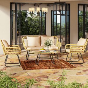 YITAHOME 4-Piece Patio Furniture Wicker Outdoor Bistro Set, All-Weather Rattan Conversation Loveseat Chairs for Backyard, Balcony and Deck with Soft Cushions and Metal Table (Light Brown+Beige)