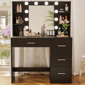 irontar vanity desk, makeup vanity with 10 led lights and 4 drawers, brightness adjustable, dressing table with 6 shelves, vanity table for women, black wdt003b