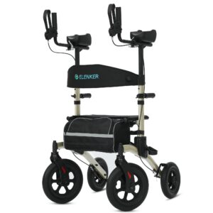 elenker all-terrain upright rollator walker, stand up rolling walker with seat, 12” non-pneumatic tire wheels, compact folding design for seniors, champagne