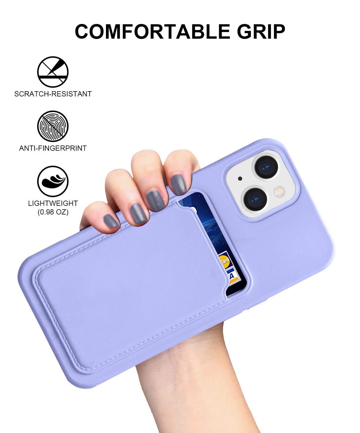 Silicone Wallet Case Compatible with iPhone 13 Case with card holder & iPhone 14 Case with Card Holder, Shock-Absorbing, Soft Slim Card Holder Case Designed for iPhone 13 /iPhone 14 (6.1 inch)-Purple