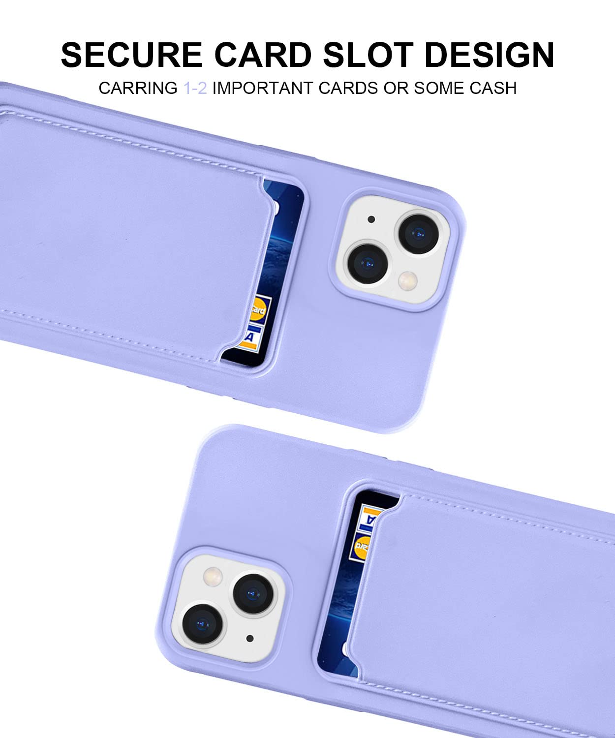 Silicone Wallet Case Compatible with iPhone 13 Case with card holder & iPhone 14 Case with Card Holder, Shock-Absorbing, Soft Slim Card Holder Case Designed for iPhone 13 /iPhone 14 (6.1 inch)-Purple