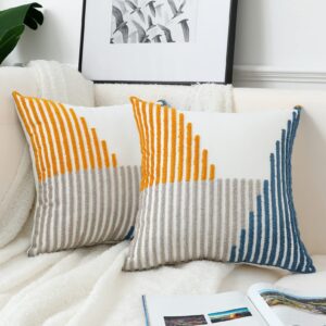 oirpro boho throw pillow covers 18 x 18 pack of 2 modern striped patchwork farmhouse pillow covers decorative for couch sofa bed outdoor yellow and blue pillow covers