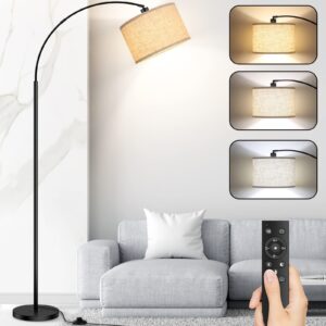 arc floor lamps for living room, modern remote control standing lamp with stepless dimmable, black tall floor lamp,over couch arched reading light for bedroom, office(bulb included)