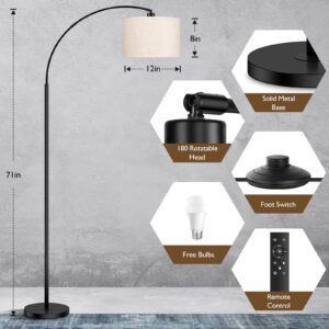 Arc Floor Lamps for Living Room, Modern Remote Control Standing Lamp with Stepless Dimmable, Black Tall Floor Lamp,Over Couch Arched Reading Light for Bedroom, Office(Bulb Included)