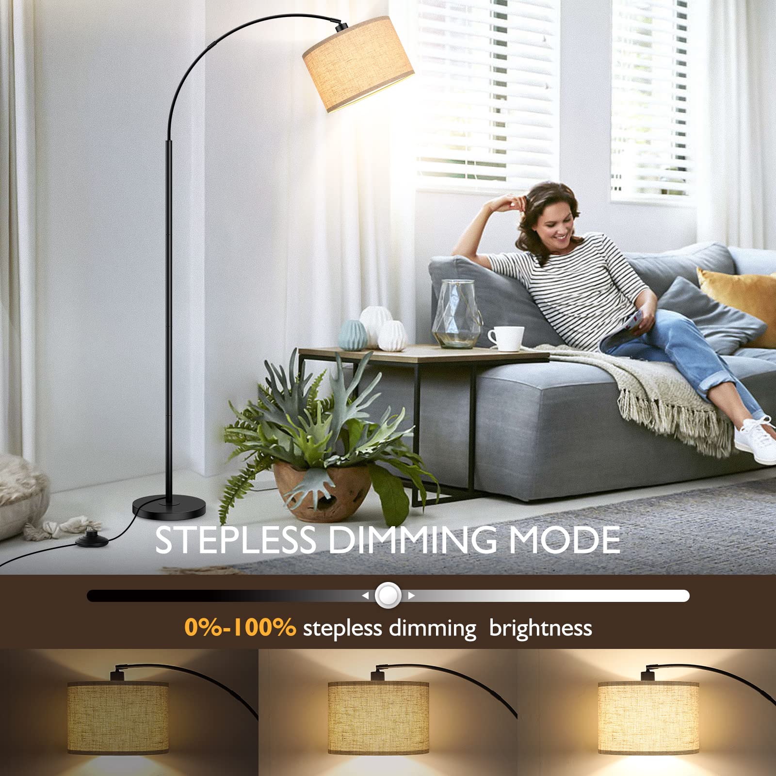 Arc Floor Lamps for Living Room, Modern Remote Control Standing Lamp with Stepless Dimmable, Black Tall Floor Lamp,Over Couch Arched Reading Light for Bedroom, Office(Bulb Included)