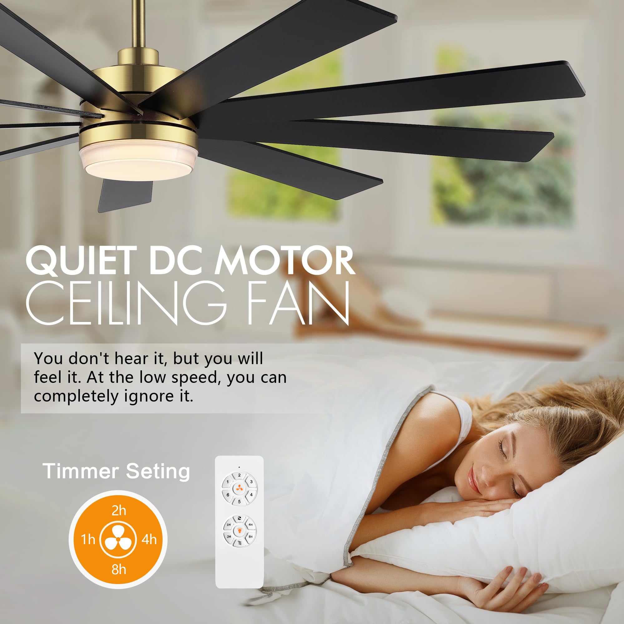 LEDLUX 65" DC Motor Ceiling Fan with Light, 6-Speed Remote Control, Reversible Motor, Modern 9 Blades Ceiling Fan with 4.5"/12" Downrods for Home or Commercial Black/Gold