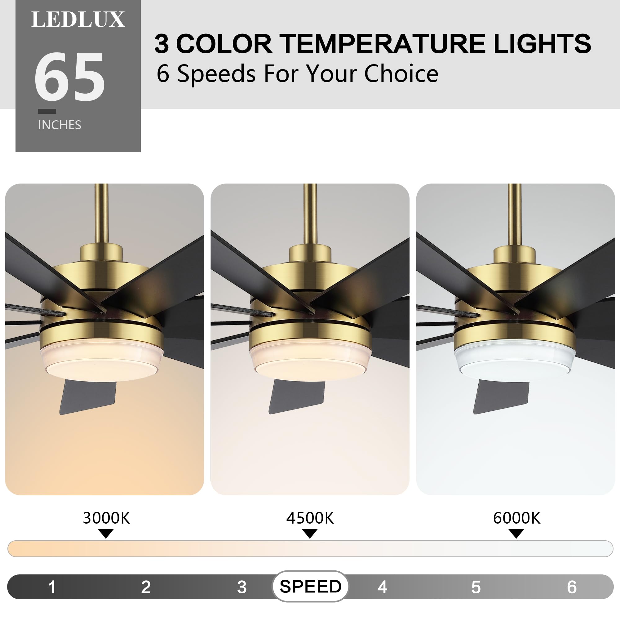 LEDLUX 65" DC Motor Ceiling Fan with Light, 6-Speed Remote Control, Reversible Motor, Modern 9 Blades Ceiling Fan with 4.5"/12" Downrods for Home or Commercial Black/Gold