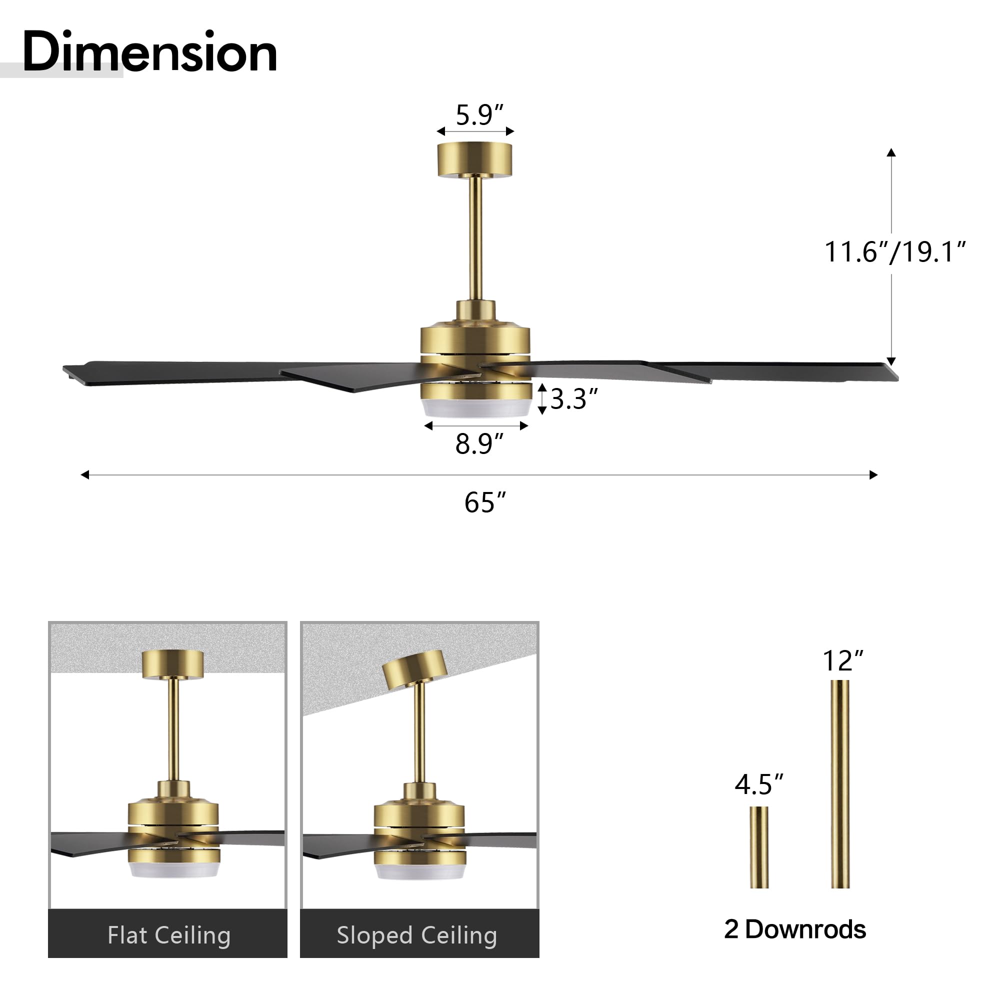 LEDLUX 65" DC Motor Ceiling Fan with Light, 6-Speed Remote Control, Reversible Motor, Modern 9 Blades Ceiling Fan with 4.5"/12" Downrods for Home or Commercial Black/Gold