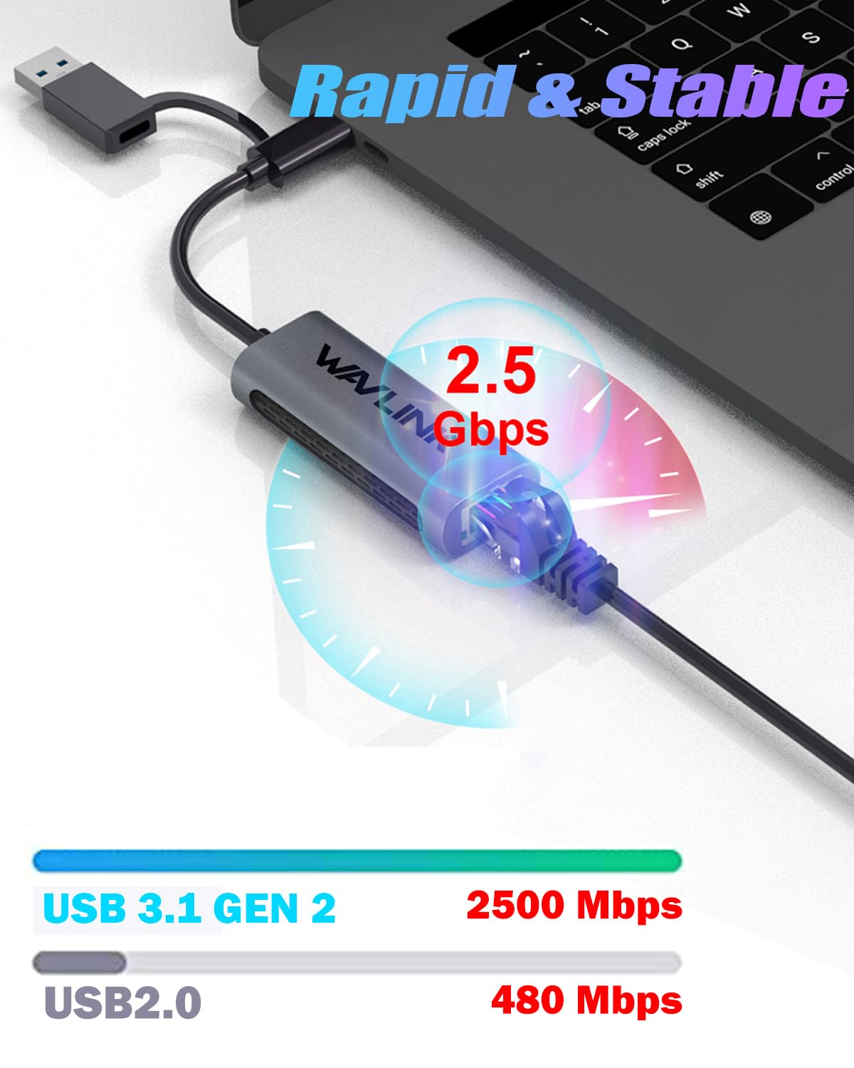 Wavlink USB C to Ethernet Adapter 2.5 Gbps, 2-in-1 USB to 2.5G Ethernet Adapter, USB-C to RJ45 Network Converter (Thunderbolt 4/3 Compatible), Aluminum Case for Windows, Mac OS, iPad OS and More.