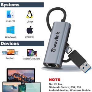 Wavlink USB C to Ethernet Adapter 2.5 Gbps, 2-in-1 USB to 2.5G Ethernet Adapter, USB-C to RJ45 Network Converter (Thunderbolt 4/3 Compatible), Aluminum Case for Windows, Mac OS, iPad OS and More.