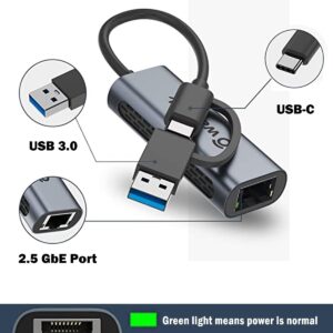 Wavlink USB C to Ethernet Adapter 2.5 Gbps, 2-in-1 USB to 2.5G Ethernet Adapter, USB-C to RJ45 Network Converter (Thunderbolt 4/3 Compatible), Aluminum Case for Windows, Mac OS, iPad OS and More.