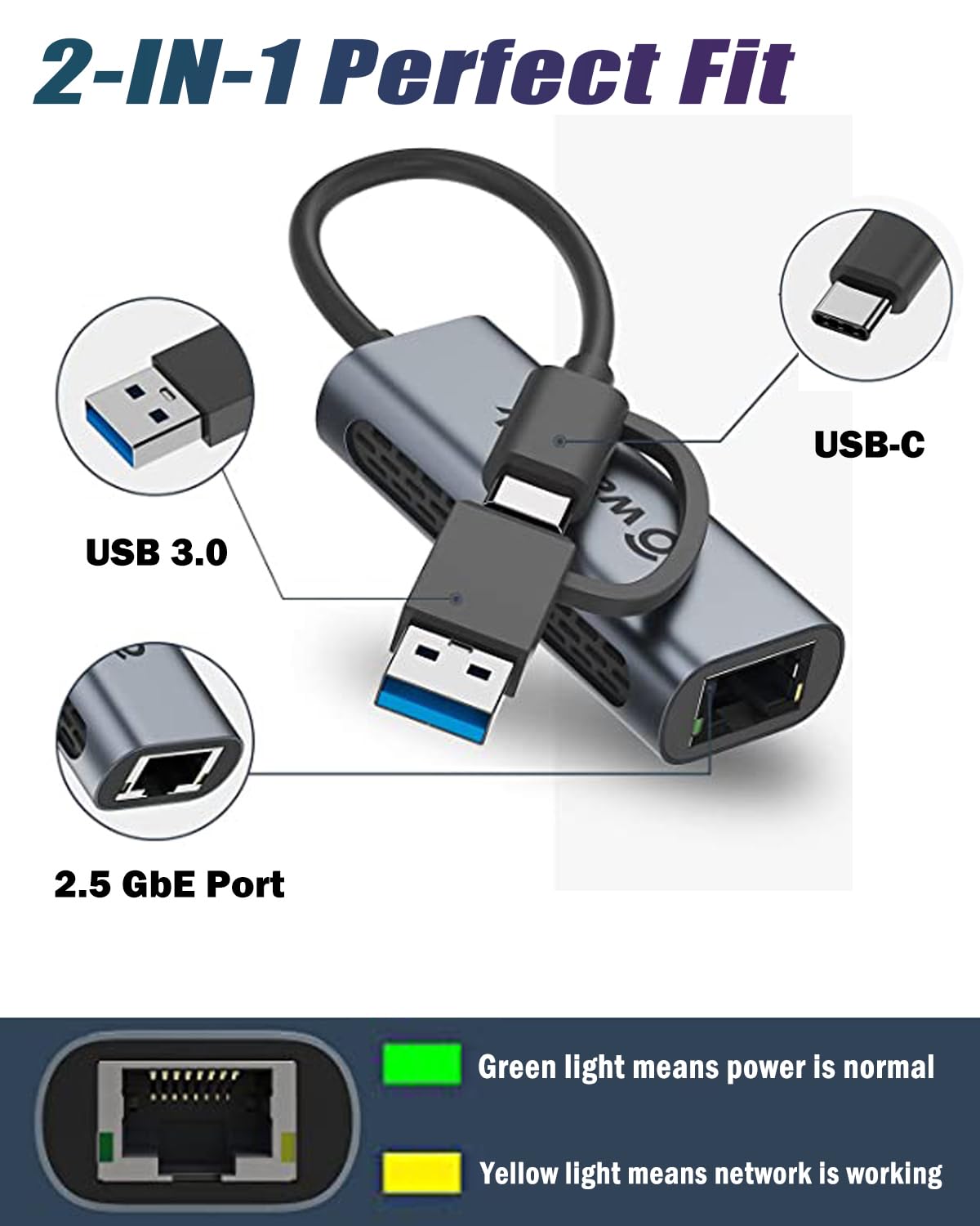 Wavlink USB C to Ethernet Adapter 2.5 Gbps, 2-in-1 USB to 2.5G Ethernet Adapter, USB-C to RJ45 Network Converter (Thunderbolt 4/3 Compatible), Aluminum Case for Windows, Mac OS, iPad OS and More.