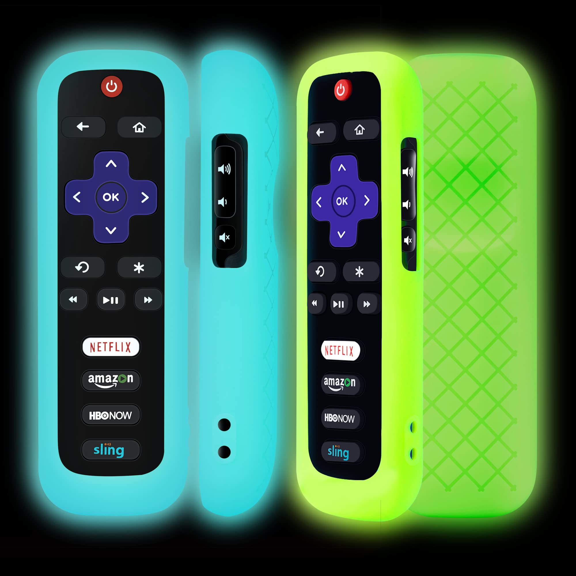 2 Pack Remote Cover for Roku TV Remote Control, Battery Cover for TCL Hisense Roku TV Steaming Stick 4k 4K+ Roku Voice Remote, Universal Silicone Sleeve Case with Glow in The Dark (Blue/Green 2pcs)