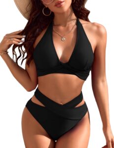 blooming jelly womens high waisted bikini sets cheeky high cut two piece swimsuit cute sexy halter push up bathing suits (x-large, black)