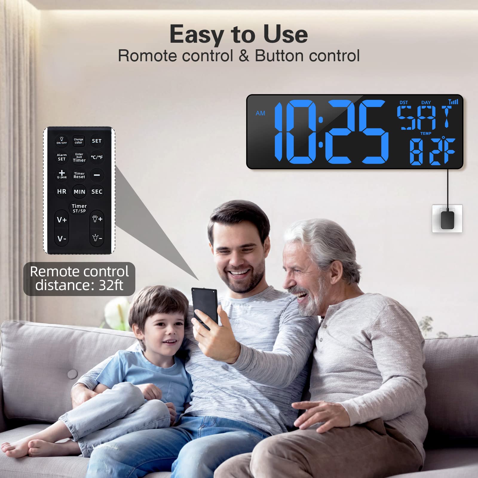 XREXS Large Digital Wall Clock WiFi Sync, 16.5 in Large Display Wall Clock with Temperature/Date/Week, LED Big Digital Timer Clock with Remote Control, Alarm Clock for Home and Office, Auto-dimming