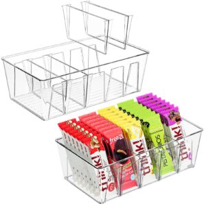 puricon 2 pack pantry organization and storage bins for kitchen fridge countertop cabinet, stackable clear plastic storage racks with removable dividers, 5 compartments for snacks packets spices