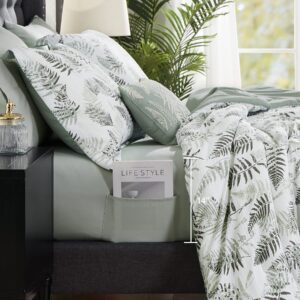 MaiRêve Green Leaves Queen Comforter Set, Sage Green and Moss Leaves Printed Comforter Queen Size, Queen Bedding Sets 8 Pieces with Comforter, Sheets, Bed in A Bag 90"x 90"