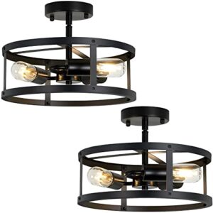 xpehk 3-light semi flush mount ceiling light,farmhouse flush mount light fixture,industrial ceiling light black metal cage ceiling lighting for kitchen foyer hallway entryway 2 pack