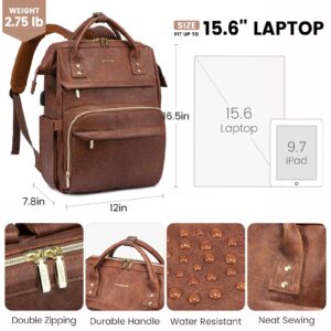 LOVEVOOK Leather Laptop Backpack for Women 15.6 inch,Travel Backpack Purse Nurse Teacher Backpack Computer Laptop Bag,Professional College Business Work Bag Carry On Backpack with USB Port,Red Brown