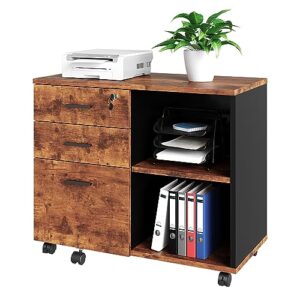 wood file cabinet, 3 drawer mobile lateral filing cabinet on wheels, printer stand with open storage shelves for home office (wood)