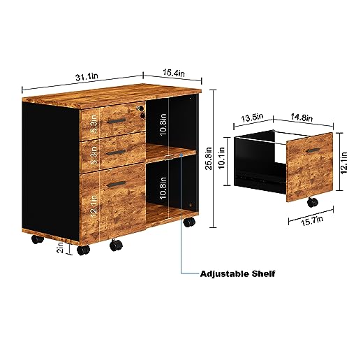 Wood File Cabinet, 3 Drawer Mobile Lateral Filing Cabinet On Wheels, Printer Stand with Open Storage Shelves for Home Office (Wood)