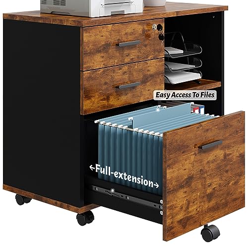 Wood File Cabinet, 3 Drawer Mobile Lateral Filing Cabinet On Wheels, Printer Stand with Open Storage Shelves for Home Office (Wood)