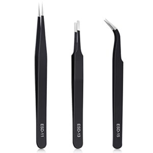 kaverme 3pcs precision tweezers set, upgraded anti-static stainless steel of tweezers, for electronics, soldering, laboratory work, jewelry-making, model, craft