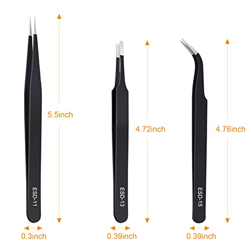 kaverme 3PCS Precision Tweezers Set, Upgraded Anti-Static Stainless Steel of Tweezers, for Electronics, Soldering, Laboratory Work, Jewelry-Making, Model, Craft