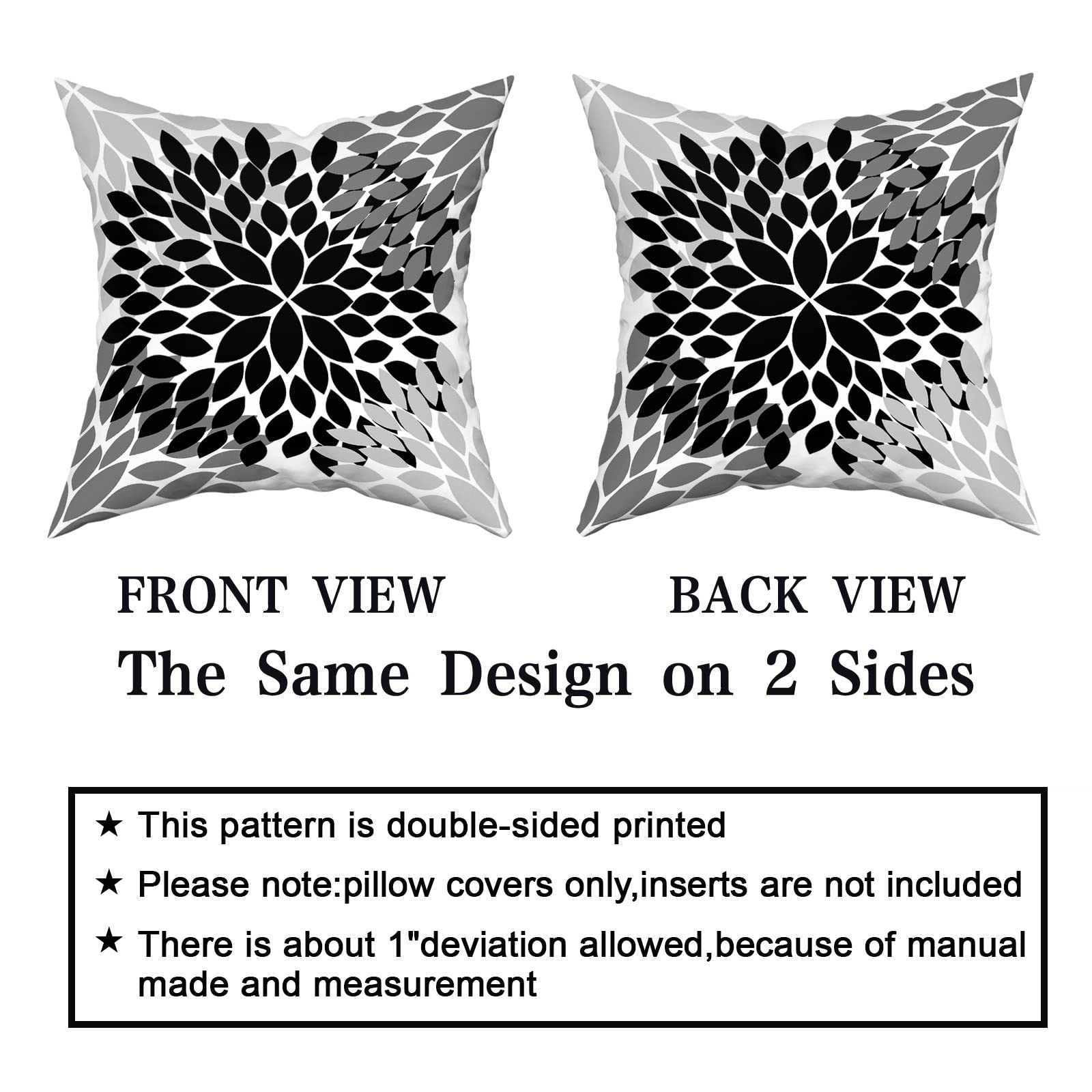 Kawani Black Pillow Covers 18X18 in Black White Grey Dahlias Floral Geometric Couch Pillow Cases with Zipper Set of 2 Farmhouse Rustic Home Decor for Living Room Bedroom Bed Cushion Outdoor