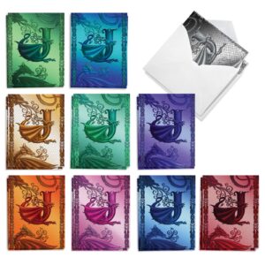 the best card company - 20 assorted colored monogram blank notecards, personal stationary bulk box set 4 x 5.12 inch w/envelopes, miss you and just because notes - dragon initials j am10319ocb-b2x10