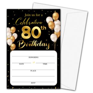 80th birthday invitation cards with envelopes - classic gold theme fill in the blank birthday party invite cards, for man, woman entertain banquet party supplies, 20 invites with envelopes - b20