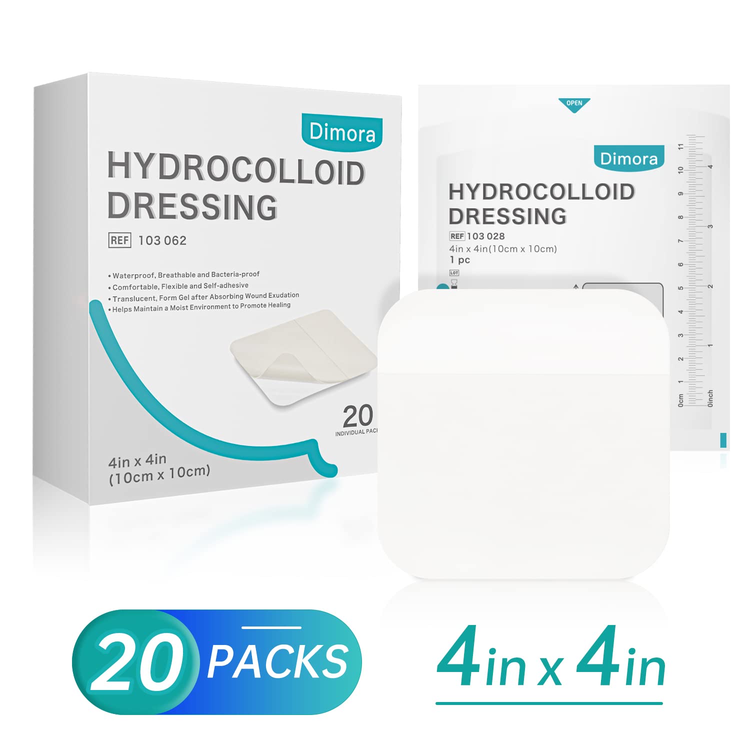 Dimora 20 Pack Hydrocolloid Wound Dressing, Ultra Thin 4" x 4" Large Patch Bandages with Self-Adhesive