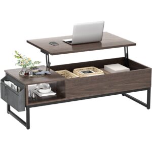 aheaplus lift top coffee table with storage, wood lifting top central table metal frame, 43.3" lift tea table with side pouch, cocktail table modern adjustable table for living room, espresso