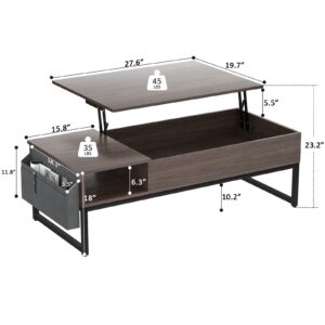 Aheaplus Lift Top Coffee Table with Storage, Wood Lifting Top Central Table Metal Frame, 43.3" Lift Tea Table with Side Pouch, Cocktail Table Modern Adjustable Table for Living Room, Espresso