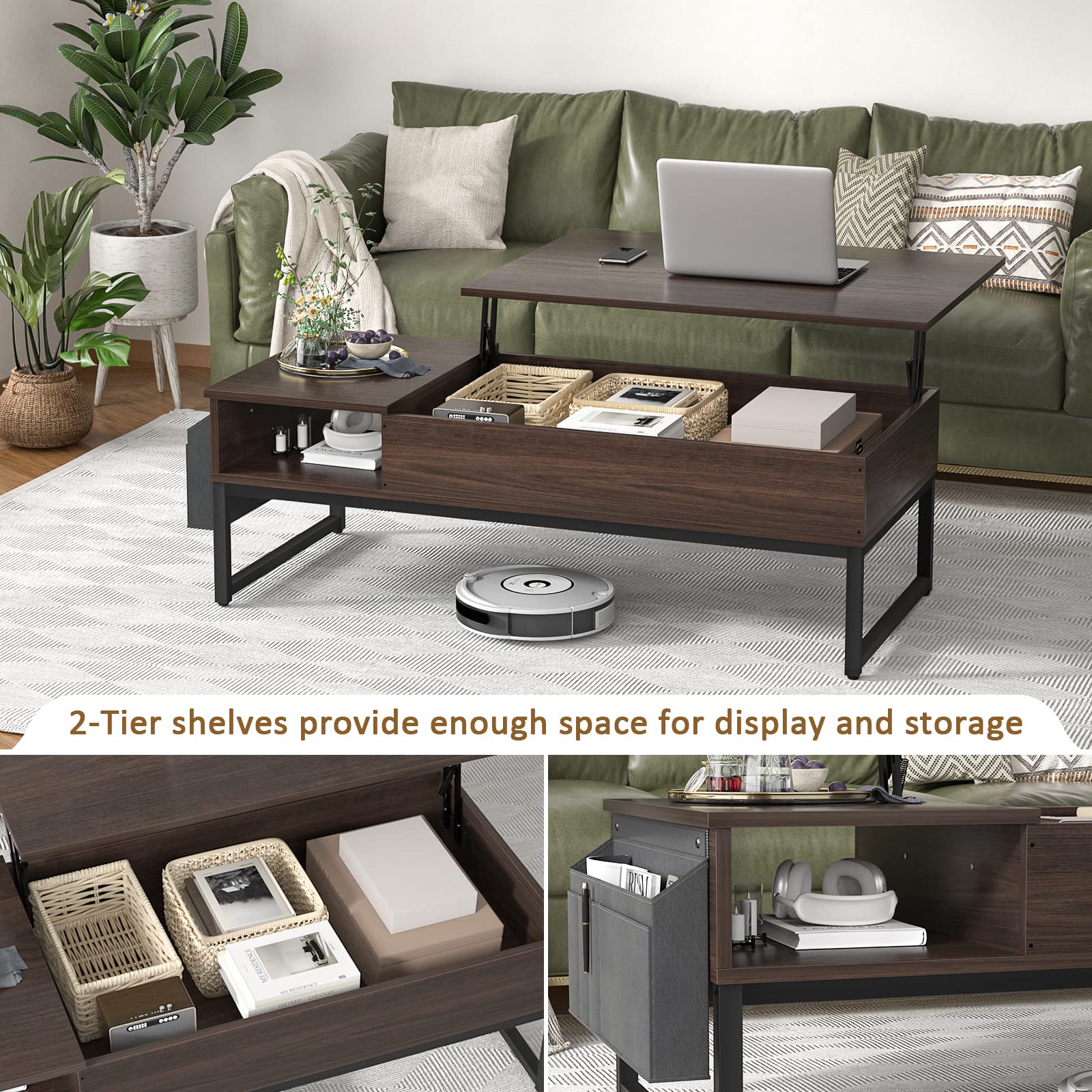 Aheaplus Lift Top Coffee Table with Storage, Wood Lifting Top Central Table Metal Frame, 43.3" Lift Tea Table with Side Pouch, Cocktail Table Modern Adjustable Table for Living Room, Espresso