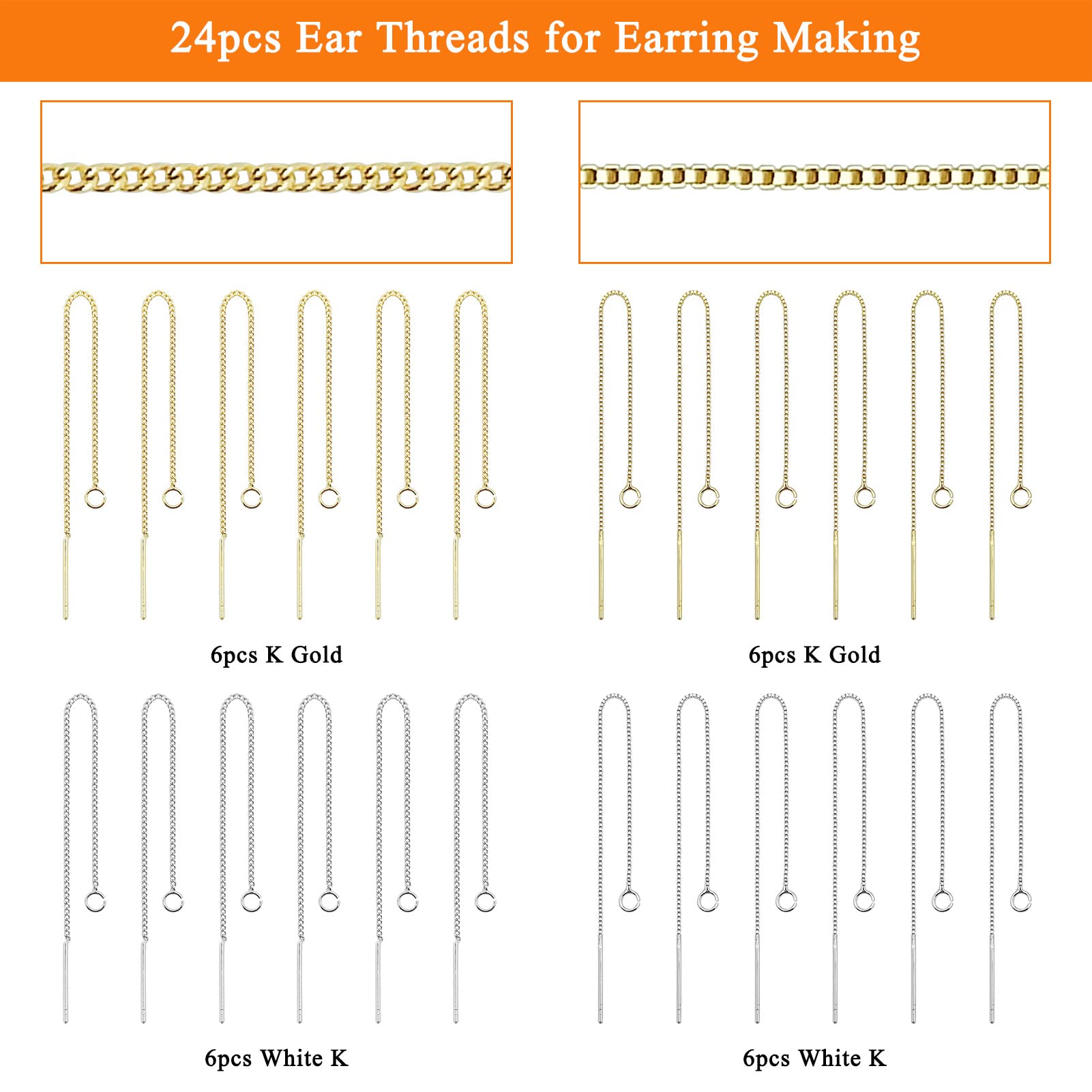 Oubaka 24pcs 8.5cm Ear Threads Long String Ear Threads Hypoallergenic Ear Threads Earrings with Loop Drop Earrings Tassel Chain Earrings for Earring Making DIY Jewelry Craft(2 Styles,2 Colors)